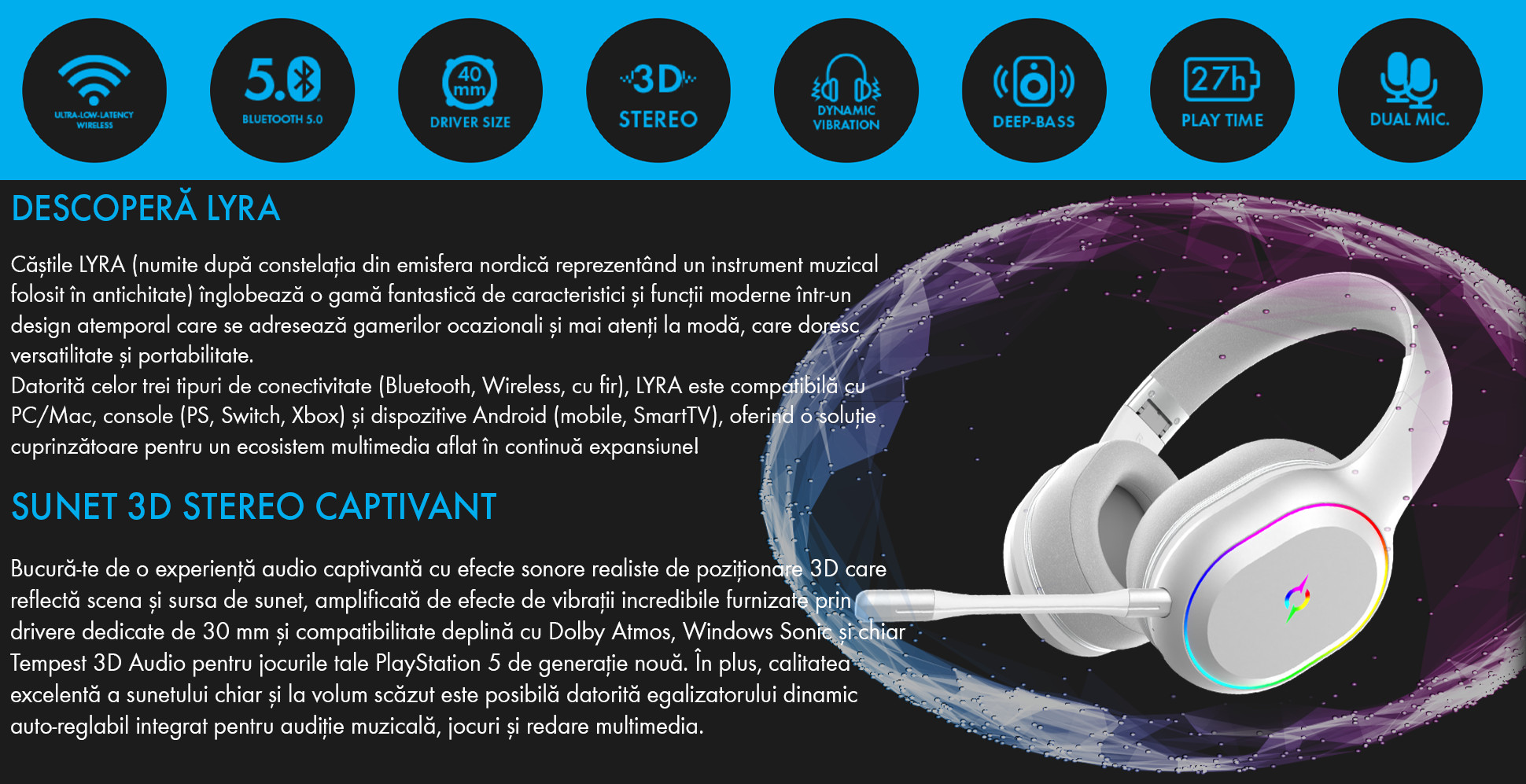 Casti Gaming AQIRYS Lyra Wireless White - PC Garage